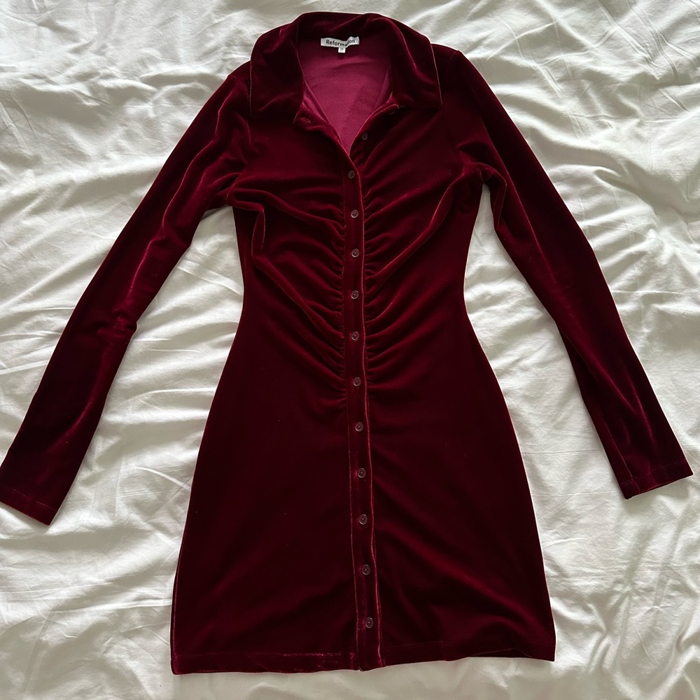 Reformation Isa Red Velvet Button Up Longsleeve Dress… - Gem